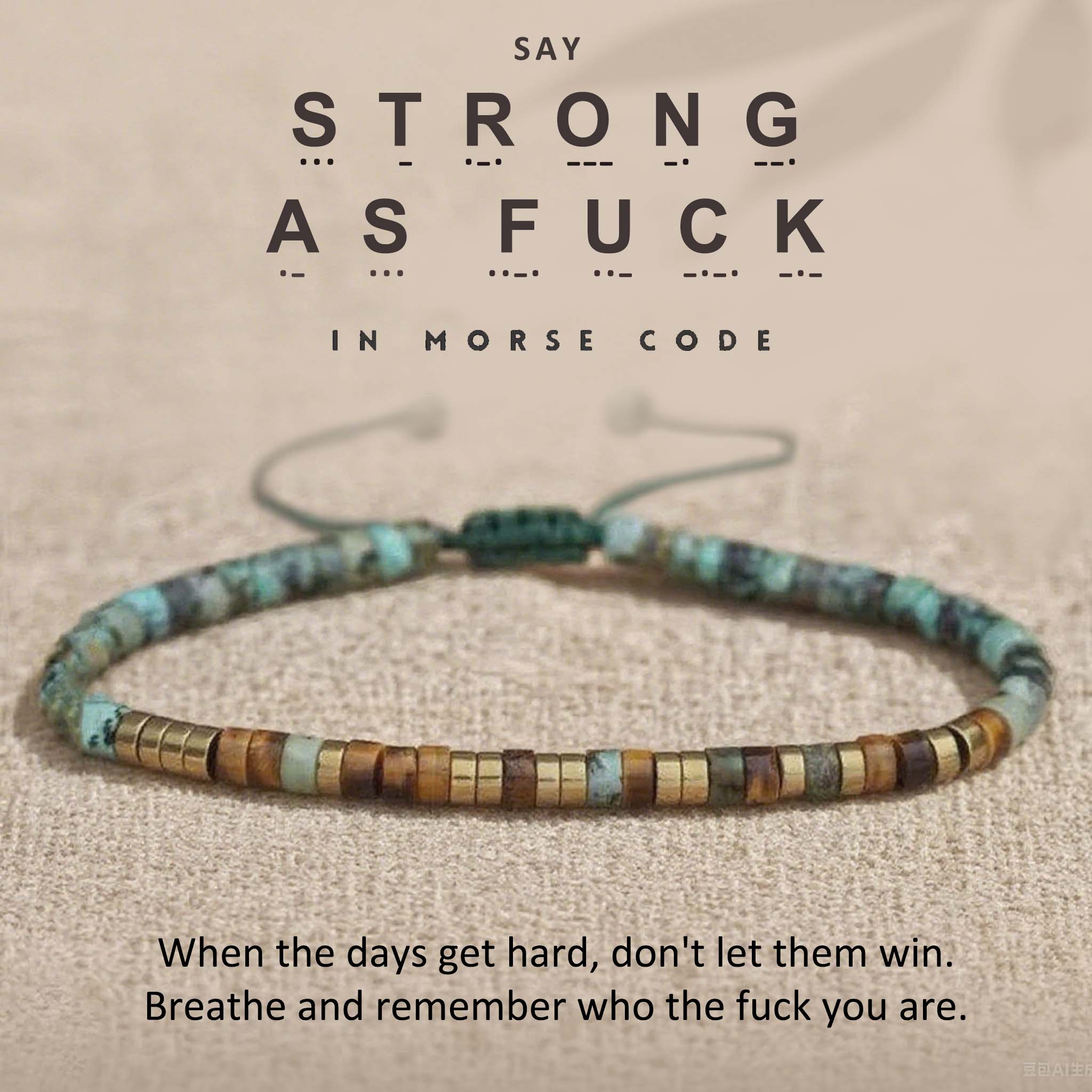 'Strong As Fuck' Morse code Motivational Bracelet with African Turquoi ...